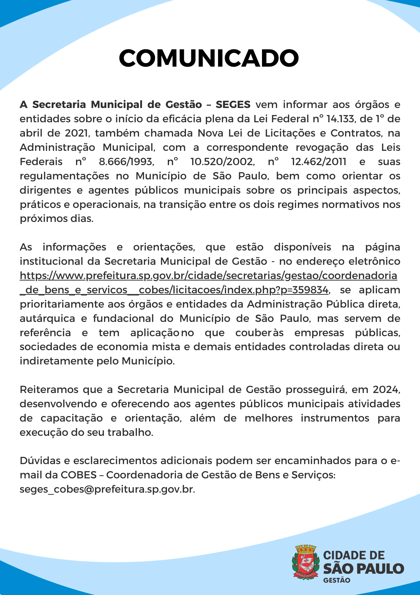 COMUNICADO (SEGES) - INÍCIO DA EFICÁCIA PLENA DA LEI FEDERAL Nº 14.133 ...